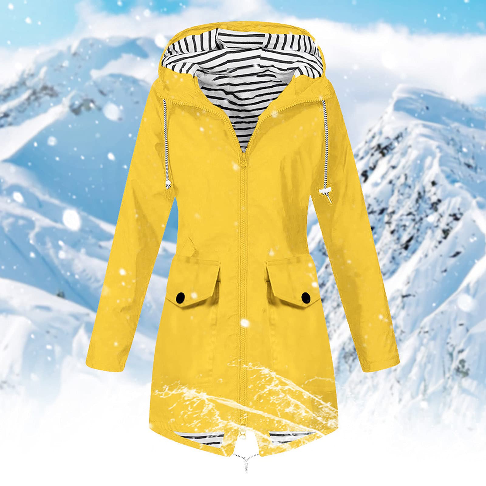 FAVIPT Rain Coats for Women Plus Size Waterproof Hooded Windbreaker Lightweight Zip Up Rain Jacket Outdoor Winter Trench Coat, A01~yellow, XX-Large