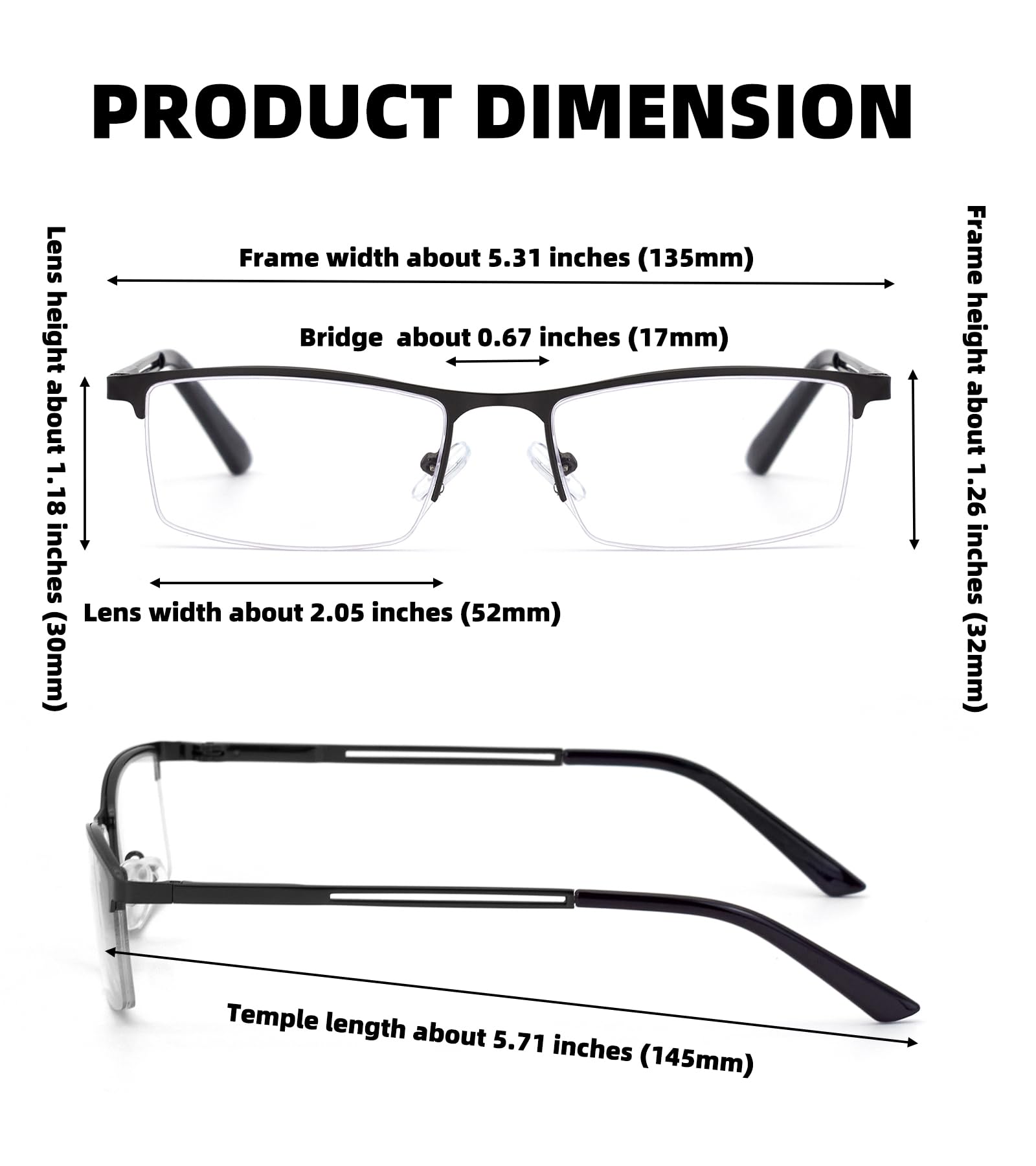 HIGHLIKE 4-Pack Blue Light Reading Glasses for Men, Metal Half Frame Readers Spring Hinge Clear Lens Eyeglasses with Pouches, Semi Rimless 2 Black 2 Gunmetal 2.0 x
