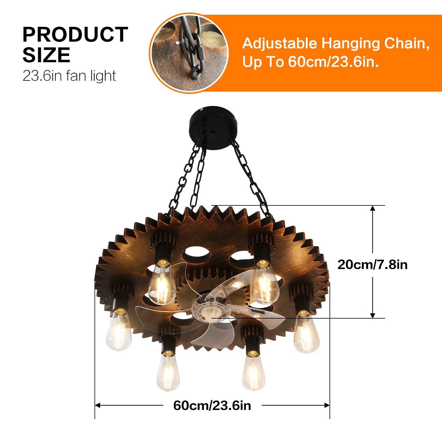 23.6in Ceiling Fan With Light,Farmhouse Ceiling Fan With Light and Remote Control, 6 Speeds Retro Ceiling Fans With Lights for Slanted Ceilings and Living Room, Vintage Copper (6 E26 Bulb Include)