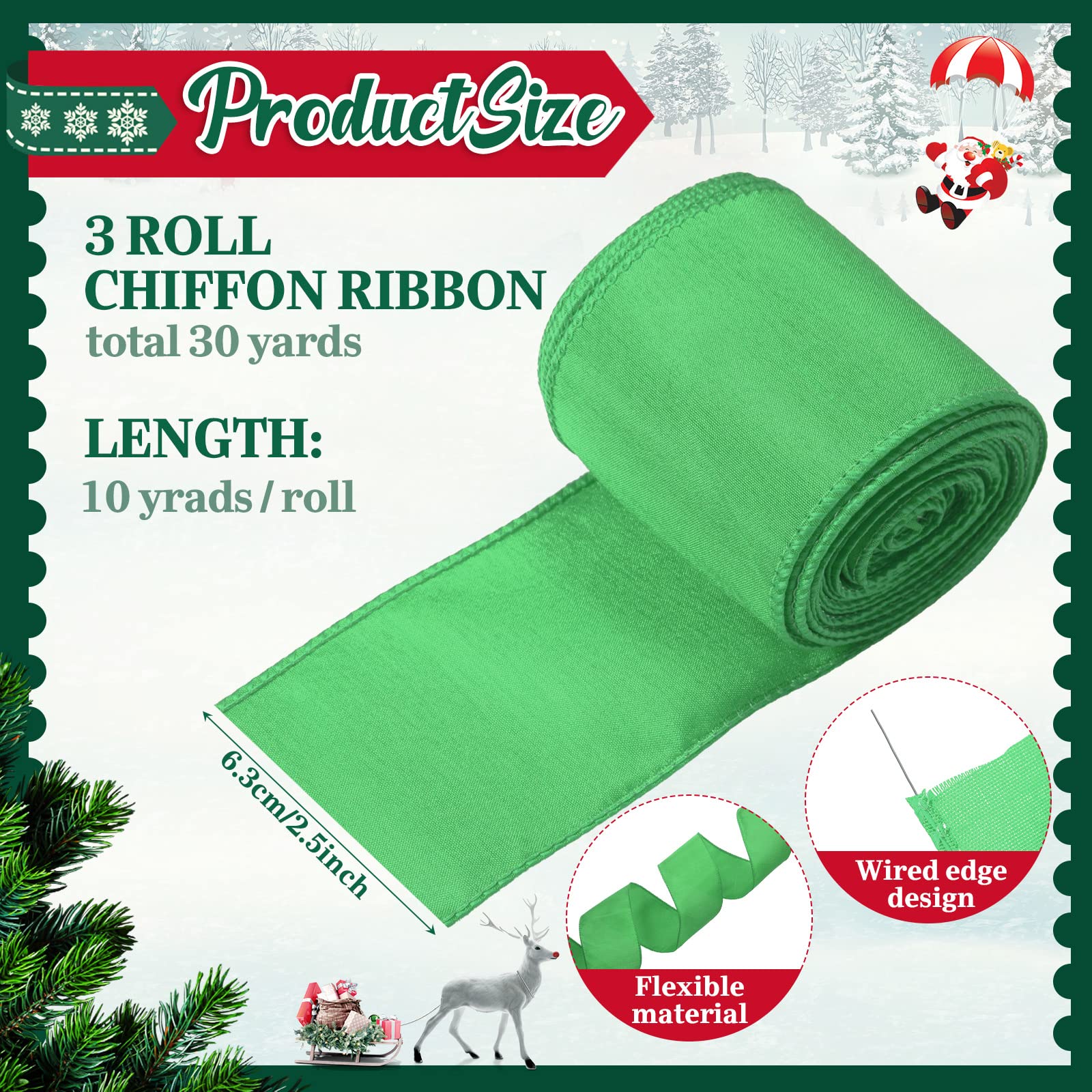 3 Rolls 30 Yards Christmas Polyester Satin Ribbon 2.5 Inches Double Face Wide Wired Satin Ribbon for Christmas Gift Wrapping Crafts Christmas Tree Ribbon Decorations Red Green and White