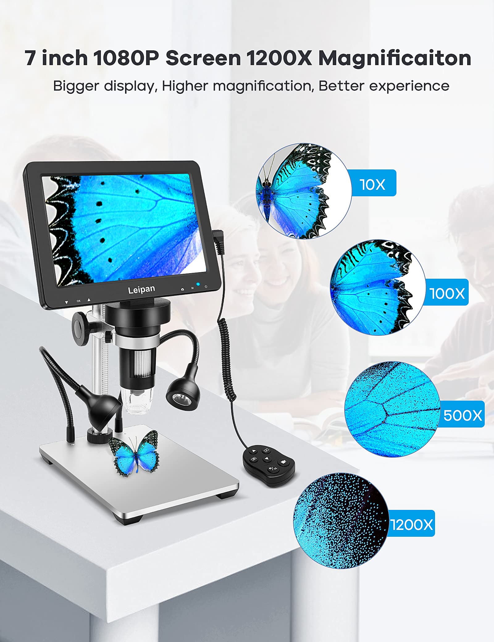 7" LCD Digital Microscope 1200X,Leipan 12MP Coin Microscope for Adults,1080P Microscope with 12pcs Slides,Windows/Mac OS Compatible(32GB Card)