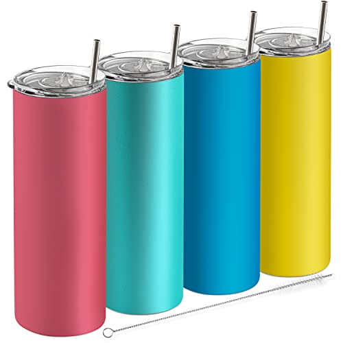 Earth Drinkware SKINNY TUMBLERS (4 pack) - 20oz Stainless Steel Double Wall Insulated Tumblers with Lids and Straws | Skinny Travel Mug, Straw Cleaner INCLUDED | Blanks For Vinyl Projects - Multi #3