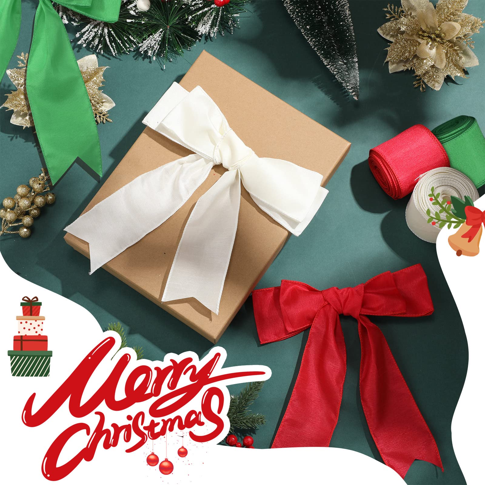 3 Rolls 30 Yards Christmas Polyester Satin Ribbon 2.5 Inches Double Face Wide Wired Satin Ribbon for Christmas Gift Wrapping Crafts Christmas Tree Ribbon Decorations Red Green and White