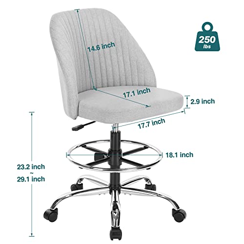 SMUG Standing, Fabric Desk Armless Drafting Counter Height Adjustable Office, Bar Shop Guitar Tall Vanity Stool Chair with Backrest Wheels, Grey