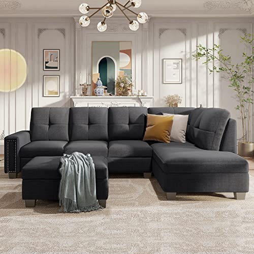 UBGO Living Room Furniture Sets,108" Reversible Sectional, L-shape Couch with Ottoman&Extra Wide Chaise Longue,Upholstered Modular Sofa with Two Cup Holders,for Large Space Apartments-Gray, Grey D