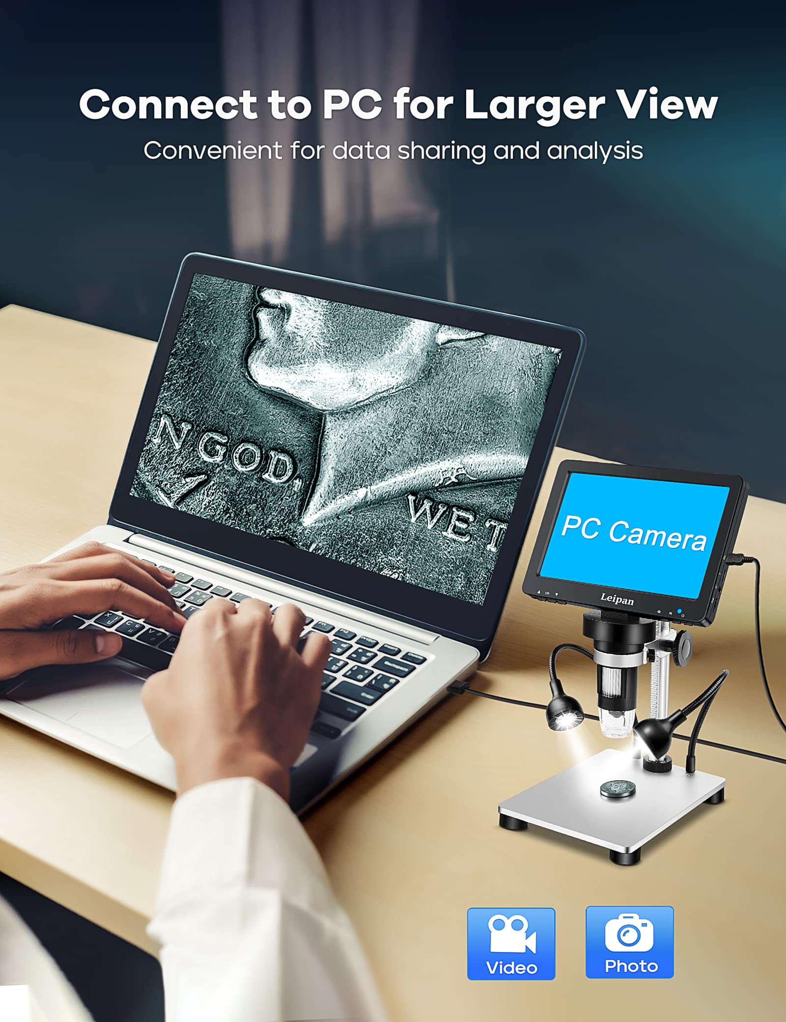7" LCD Digital Microscope 1200X,Leipan 12MP Coin Microscope for Adults,1080P Microscope with 12pcs Slides,Windows/Mac OS Compatible(32GB Card)