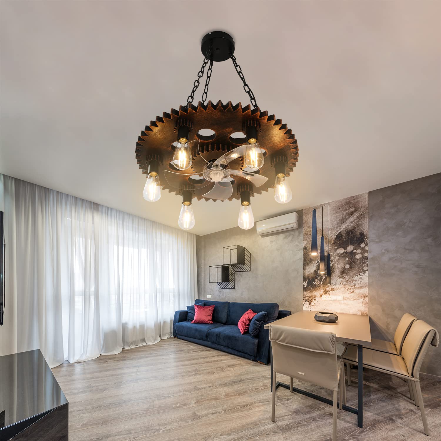 23.6in Ceiling Fan With Light,Farmhouse Ceiling Fan With Light and Remote Control, 6 Speeds Retro Ceiling Fans With Lights for Slanted Ceilings and Living Room, Vintage Copper (6 E26 Bulb Include)