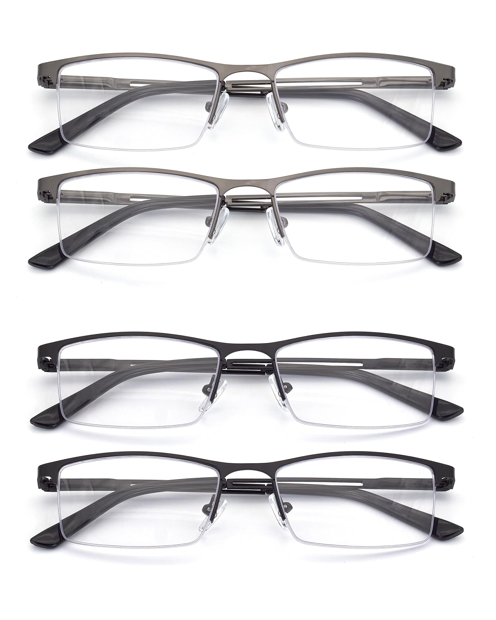 HIGHLIKE 4-Pack Blue Light Reading Glasses for Men, Metal Half Frame Readers Spring Hinge Clear Lens Eyeglasses with Pouches, Semi Rimless 2 Black 2 Gunmetal 2.0 x