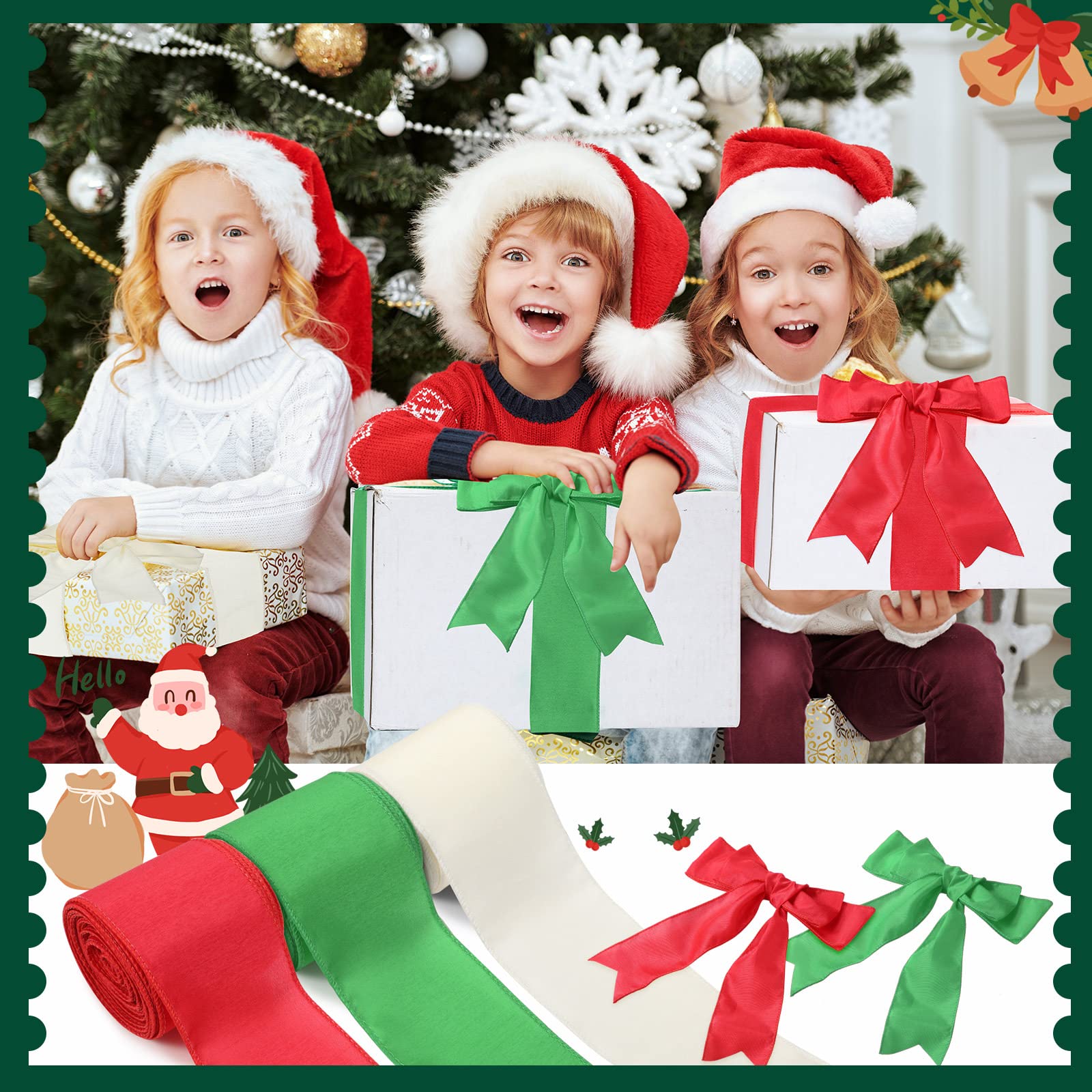 3 Rolls 30 Yards Christmas Polyester Satin Ribbon 2.5 Inches Double Face Wide Wired Satin Ribbon for Christmas Gift Wrapping Crafts Christmas Tree Ribbon Decorations Red Green and White