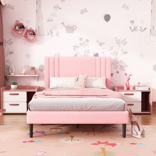 Daznzn Twin Platform Bed Frame with Headboard and No Box Spring Needed, Velvet Upholstered Bed Frame with Strong Wood Slats Support, Noise Free, Strong Weight Capacity, Easy Assembly, Pink