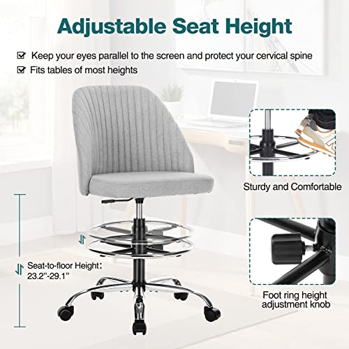 SMUG Standing, Fabric Desk Armless Drafting Counter Height Adjustable Office, Bar Shop Guitar Tall Vanity Stool Chair with Backrest Wheels, Grey
