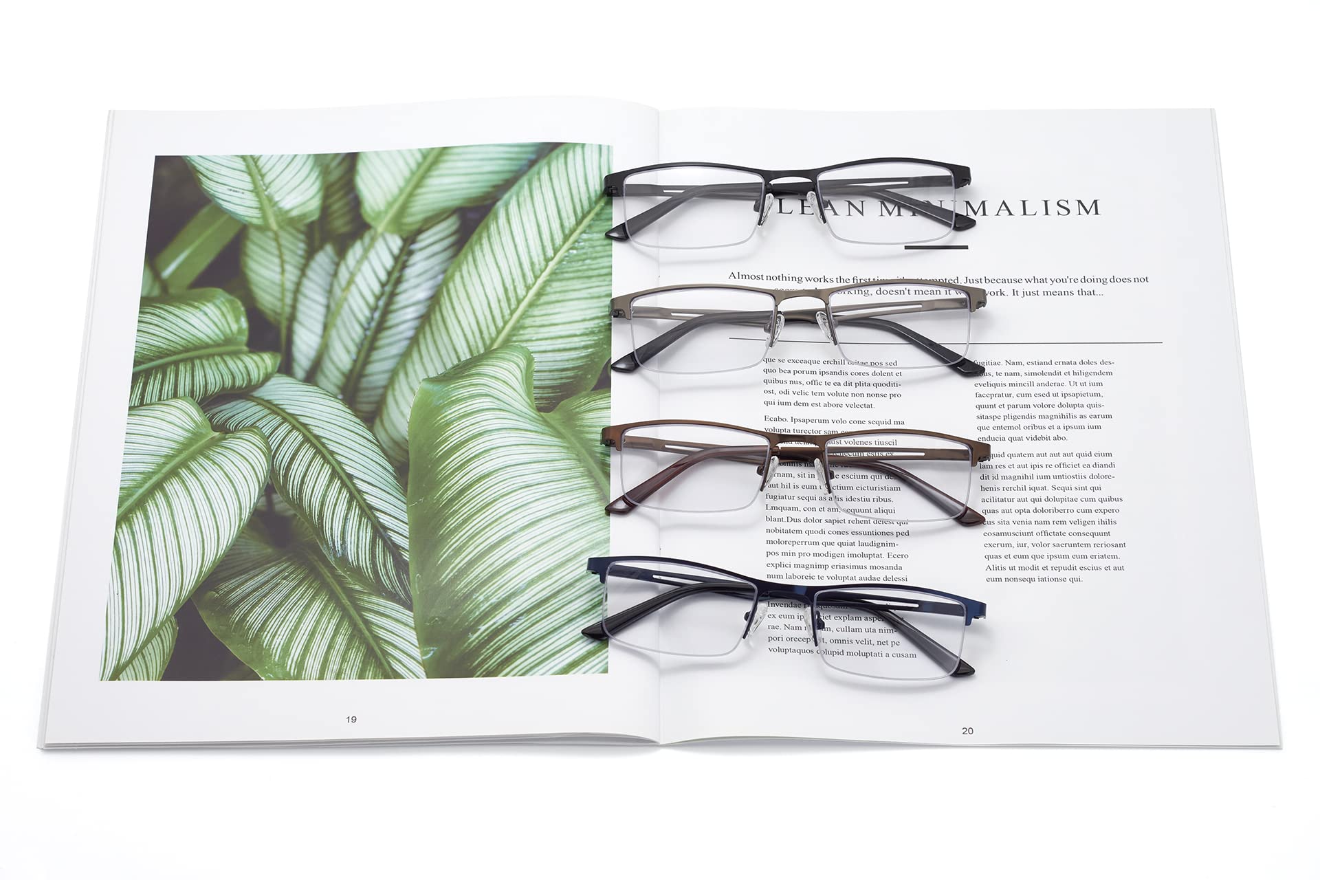 HIGHLIKE 4-Pack Blue Light Reading Glasses for Men, Metal Half Frame Readers Spring Hinge Clear Lens Eyeglasses with Pouches, Semi Rimless 2 Black 2 Gunmetal 2.0 x