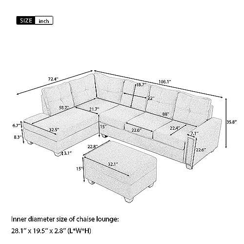 UBGO Living Room Furniture Sets,108" Reversible Sectional, L-shape Couch with Ottoman&Extra Wide Chaise Longue,Upholstered Modular Sofa with Two Cup Holders,for Large Space Apartments-Gray, Grey D