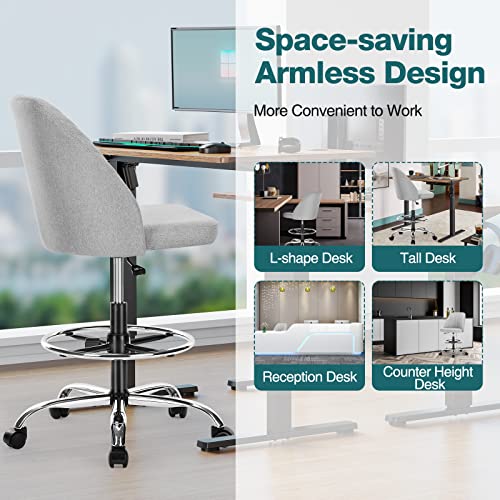 SMUG Standing, Fabric Desk Armless Drafting Counter Height Adjustable Office, Bar Shop Guitar Tall Vanity Stool Chair with Backrest Wheels, Grey