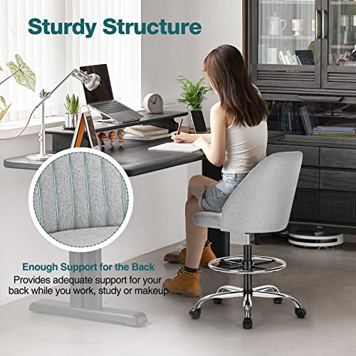 SMUG Standing, Fabric Desk Armless Drafting Counter Height Adjustable Office, Bar Shop Guitar Tall Vanity Stool Chair with Backrest Wheels, Grey