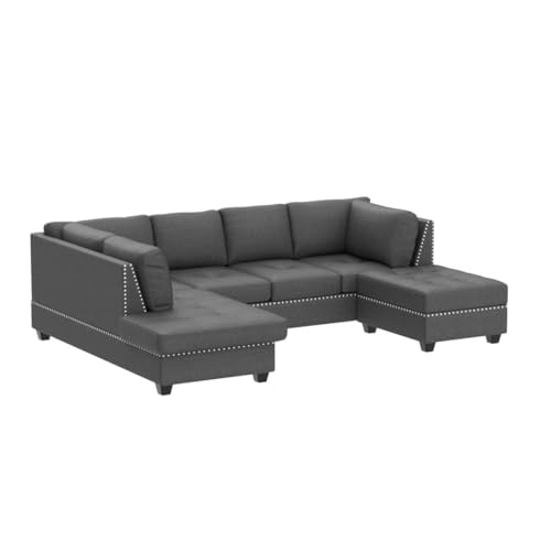 UBGO Living Room Furniture Sets,108" Reversible Sectional, L-shape Couch with Ottoman&Extra Wide Chaise Longue,Upholstered Modular Sofa with Two Cup Holders,for Large Space Apartments-Gray, Grey D