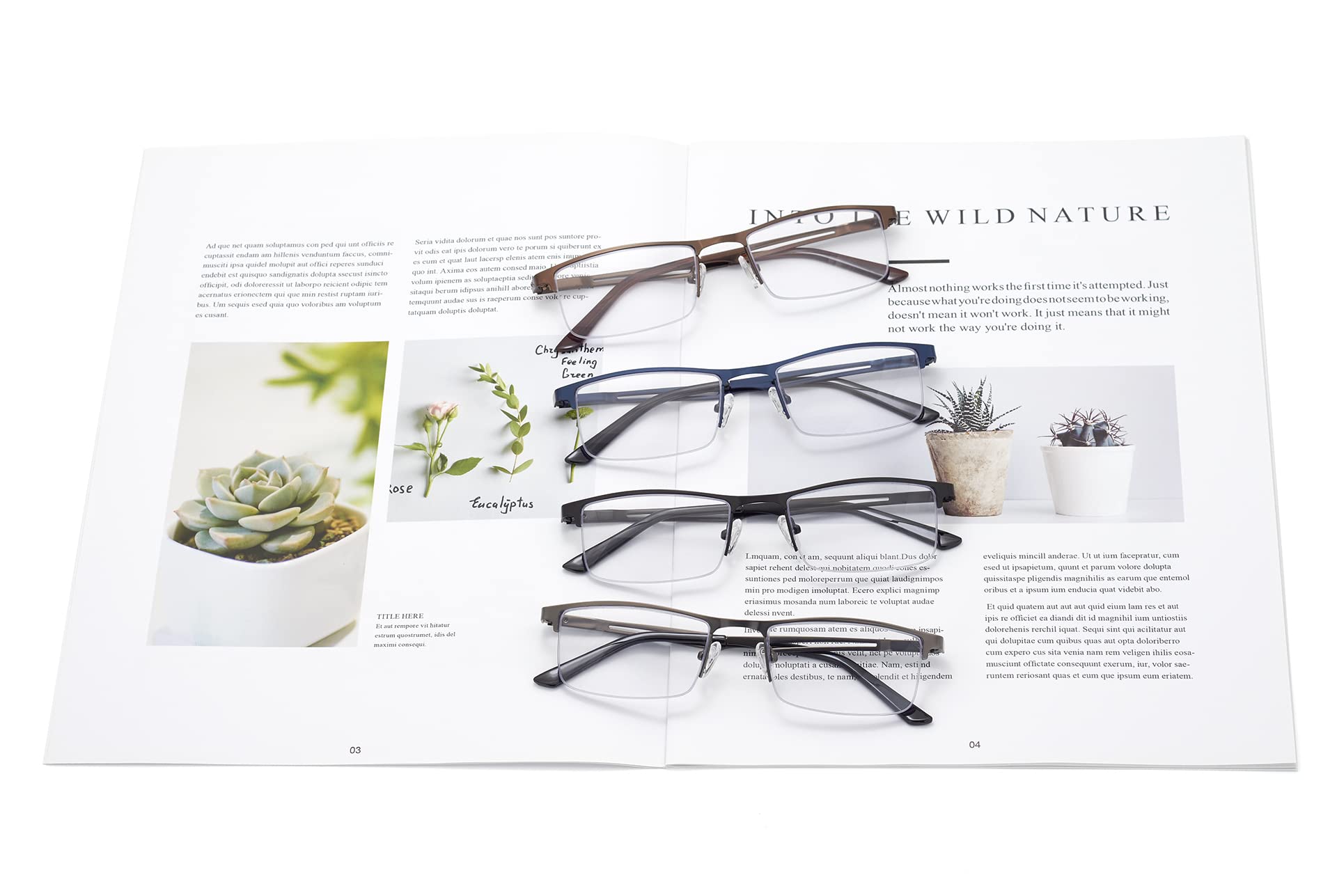 HIGHLIKE 4-Pack Blue Light Reading Glasses for Men, Metal Half Frame Readers Spring Hinge Clear Lens Eyeglasses with Pouches, Semi Rimless 2 Black 2 Gunmetal 2.0 x