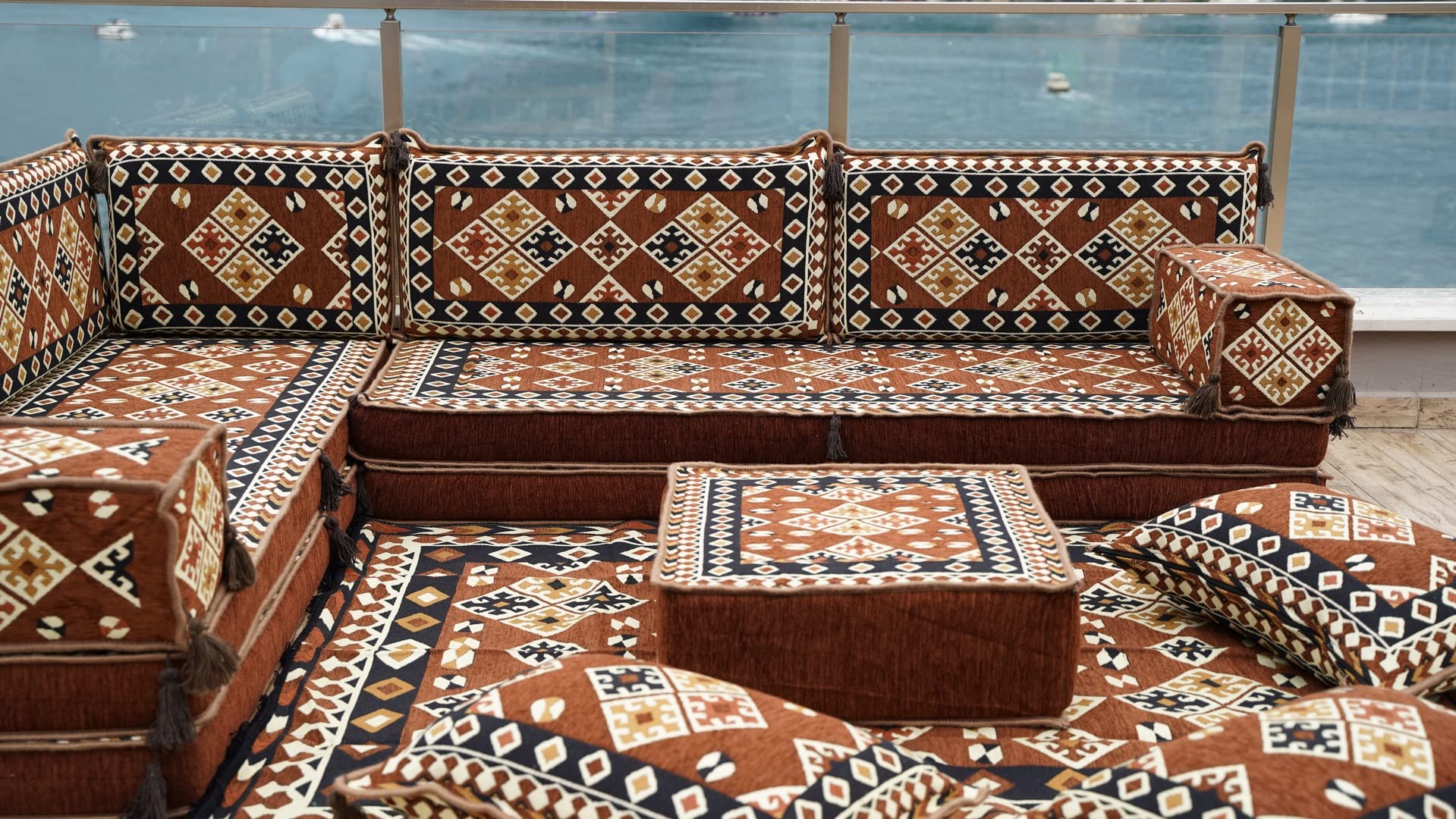 Brown Livingroom Cushions, 8" Thickness Corner Floor Seating Set, L Shaped Floor Couch, Sectional Sofa Set, Floor Pillows, Arabic Majlis, Sofa Bed (L Sofa Full Set)
