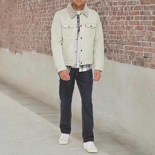 Levi's Men's Leather Classic Trucker Jacket, Cream Faux Shearling, S