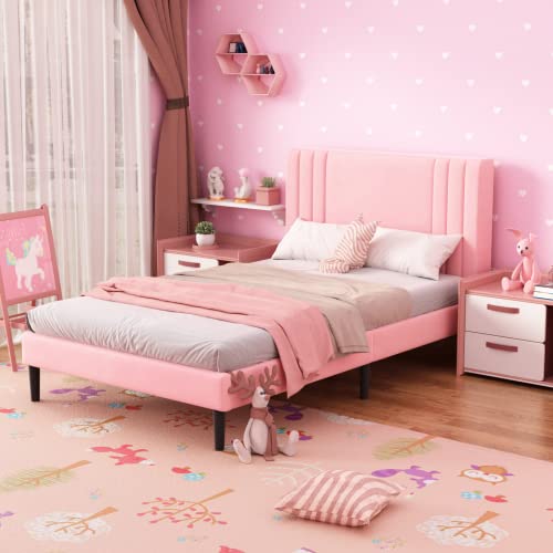 Daznzn Twin Platform Bed Frame with Headboard and No Box Spring Needed, Velvet Upholstered Bed Frame with Strong Wood Slats Support, Noise Free, Strong Weight Capacity, Easy Assembly, Pink