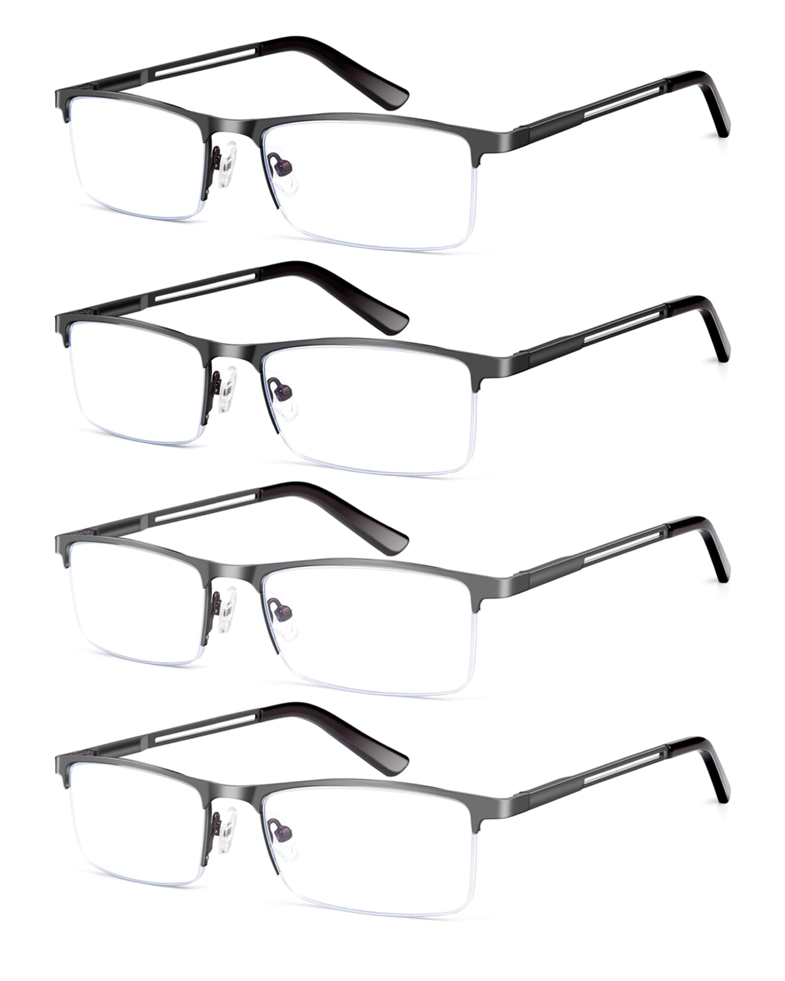HIGHLIKE 4-Pack Blue Light Reading Glasses for Men, Metal Half Frame Readers Spring Hinge Clear Lens Eyeglasses with Pouches, Semi Rimless 2 Black 2 Gunmetal 2.0 x