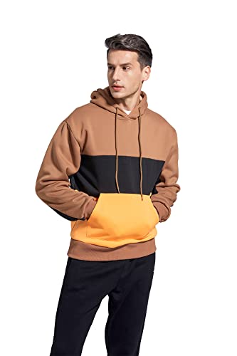Rusaevon Men's Fleece Pullover Hoodie Sweatshrits Drawstring Hooded Color Block Hoody for Men with Kangaroo Pocket Brown X-Large