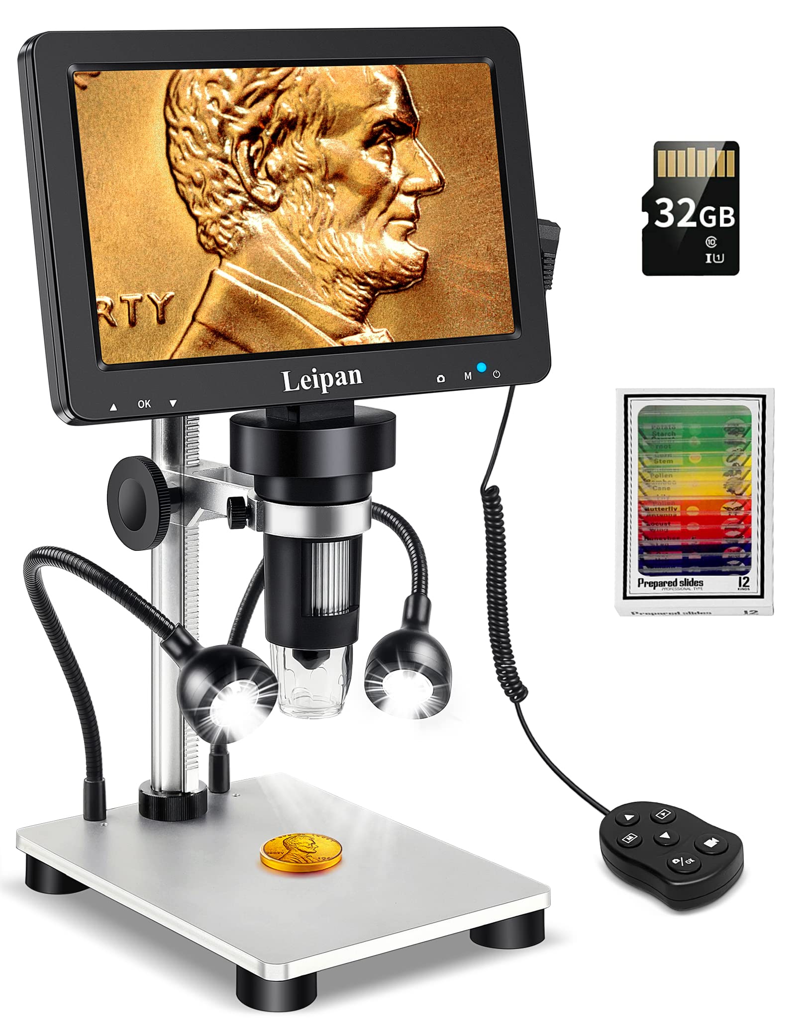 7" LCD Digital Microscope 1200X,Leipan 12MP Coin Microscope for Adults,1080P Microscope with 12pcs Slides,Windows/Mac OS Compatible(32GB Card)