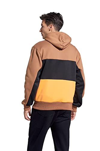 Rusaevon Men's Fleece Pullover Hoodie Sweatshrits Drawstring Hooded Color Block Hoody for Men with Kangaroo Pocket Brown X-Large
