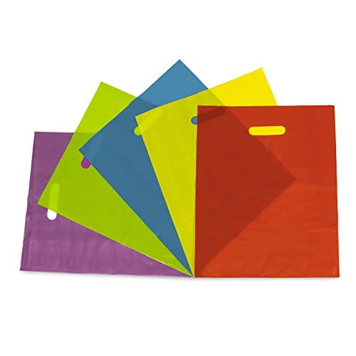 Merchandise Bags - 12x15 Inch 100 Pack 1.25 MIl Plastic Bags for Small Business, Multi Color Retail Shopping Totes with Handles in Bulk for Boutiques, Stores, Kids Birthday Parties, Favors, Goodies, Thank You