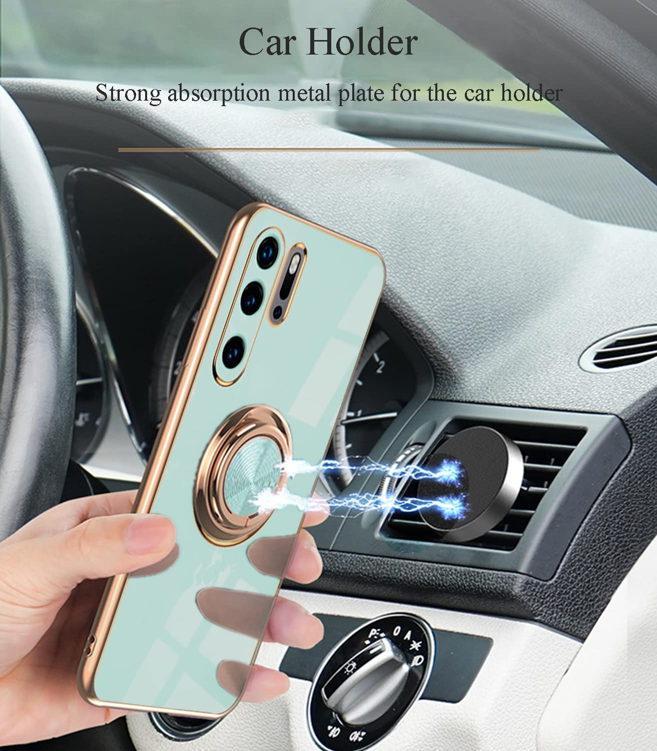 Compatible for Huawei P30 Pro Case Ring Holder Magnet Silicone, Huawei P30 Pro Phone Case Thin Protective Case Aesthetic Black 360° Rotatable Metal Stand (Green)