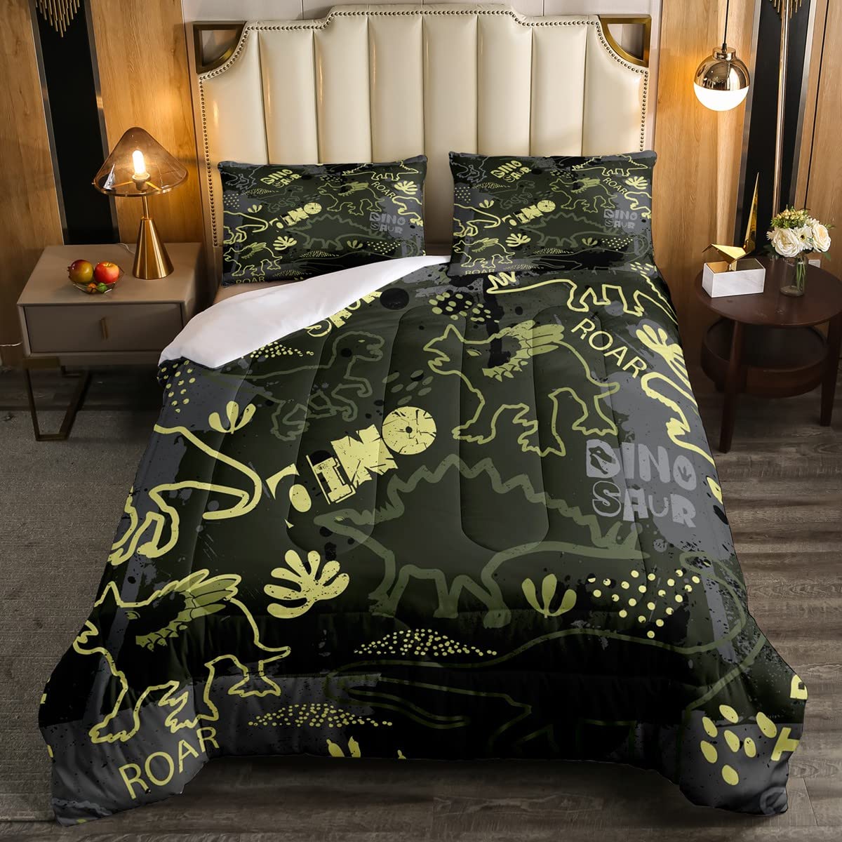 Army Green Camo Comforter Set Retro Dinosaur Down Comforter Full Size, Dino Silhouette Bedding Set Vintage Camouflage Duvet Sets For Kids Boys Teens Adult Bedroom Decor With 2 Pillow Cases