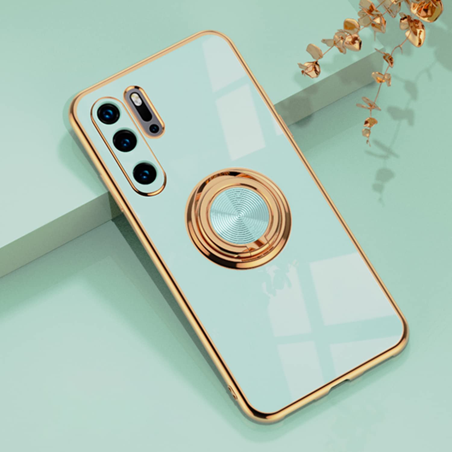 Compatible for Huawei P30 Pro Case Ring Holder Magnet Silicone, Huawei P30 Pro Phone Case Thin Protective Case Aesthetic Black 360° Rotatable Metal Stand (Green)