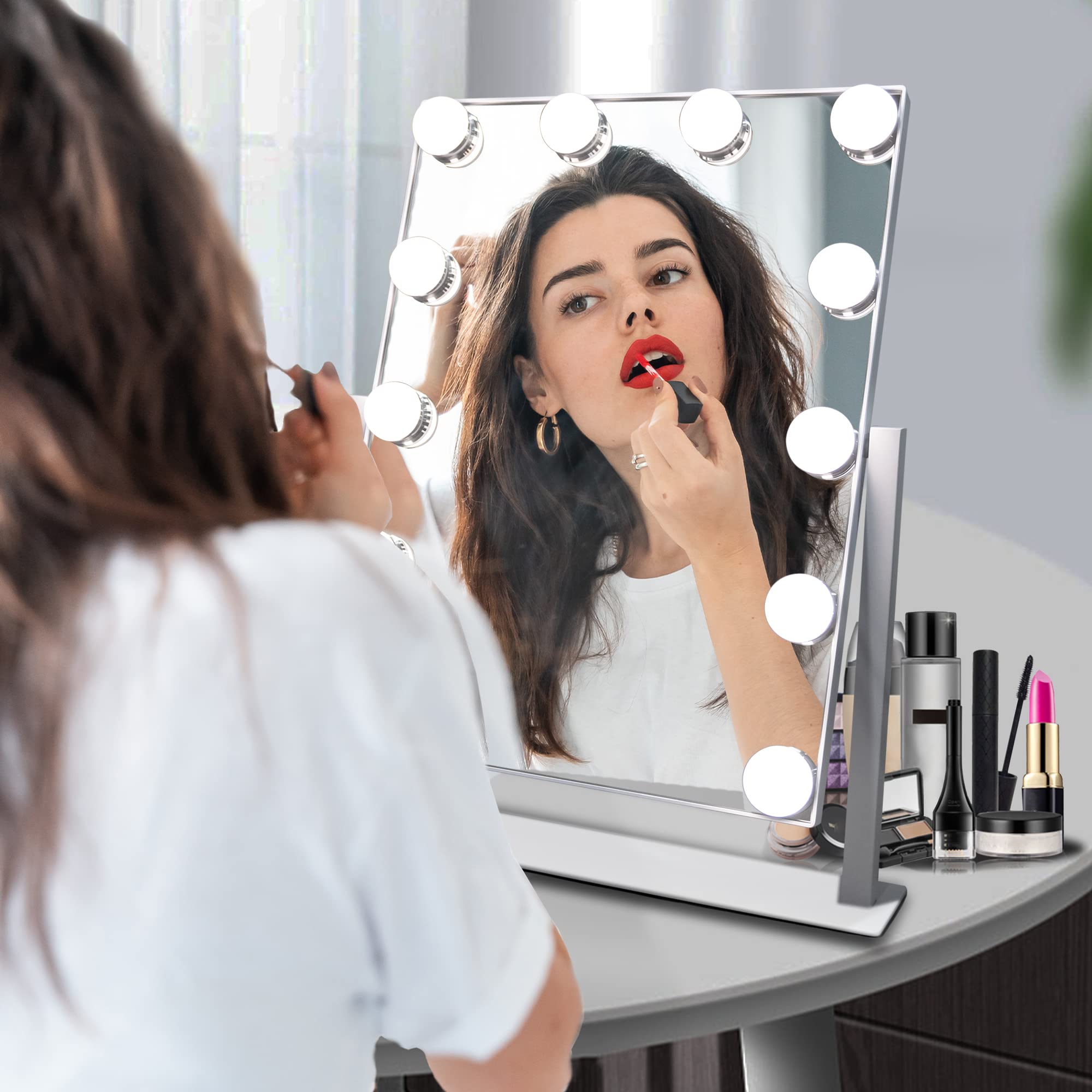SLIMOON Hollywood Vanity Mirror with Lights, 12 Dimmable LED Bulbs Lighted Makeup Mirror with Detachable 10X Magnification Mirror, 1000mAh Rechargeable, 3 Color Lights, Touch Control