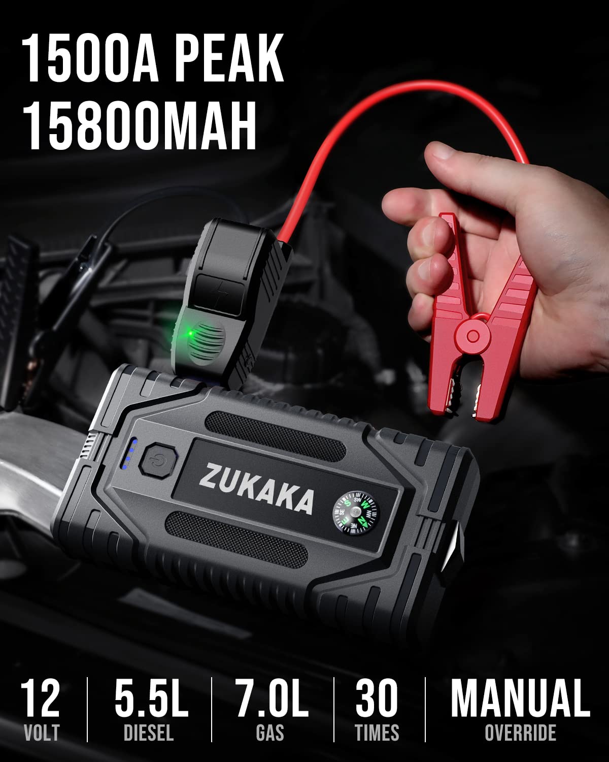 ZUKAKA Car Jump Starter 1500A Peak 15800mAh Battery Starter Up to 7L Gas and 5.5L Diesel Engine 12V Auto Jump Starter Box Power Bank with USB and Type C Port Jump Box with LED Light