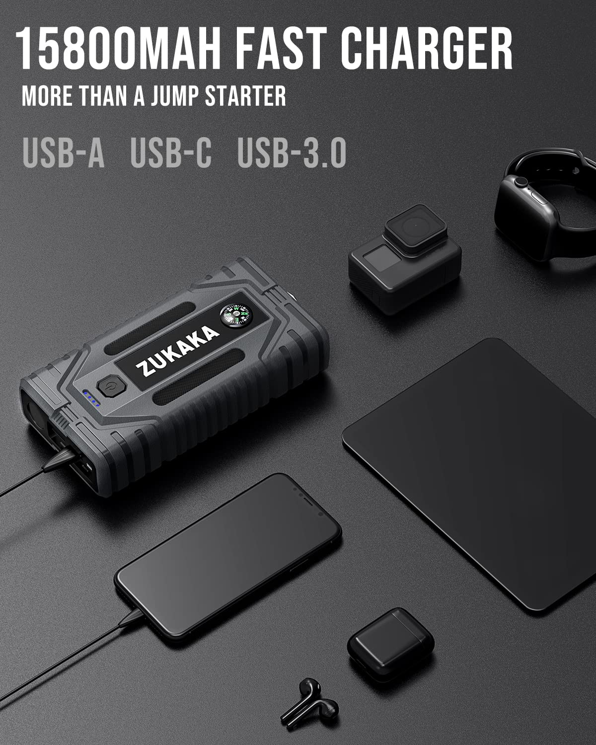 ZUKAKA Car Jump Starter 1500A Peak 15800mAh Battery Starter Up to 7L Gas and 5.5L Diesel Engine 12V Auto Jump Starter Box Power Bank with USB and Type C Port Jump Box with LED Light
