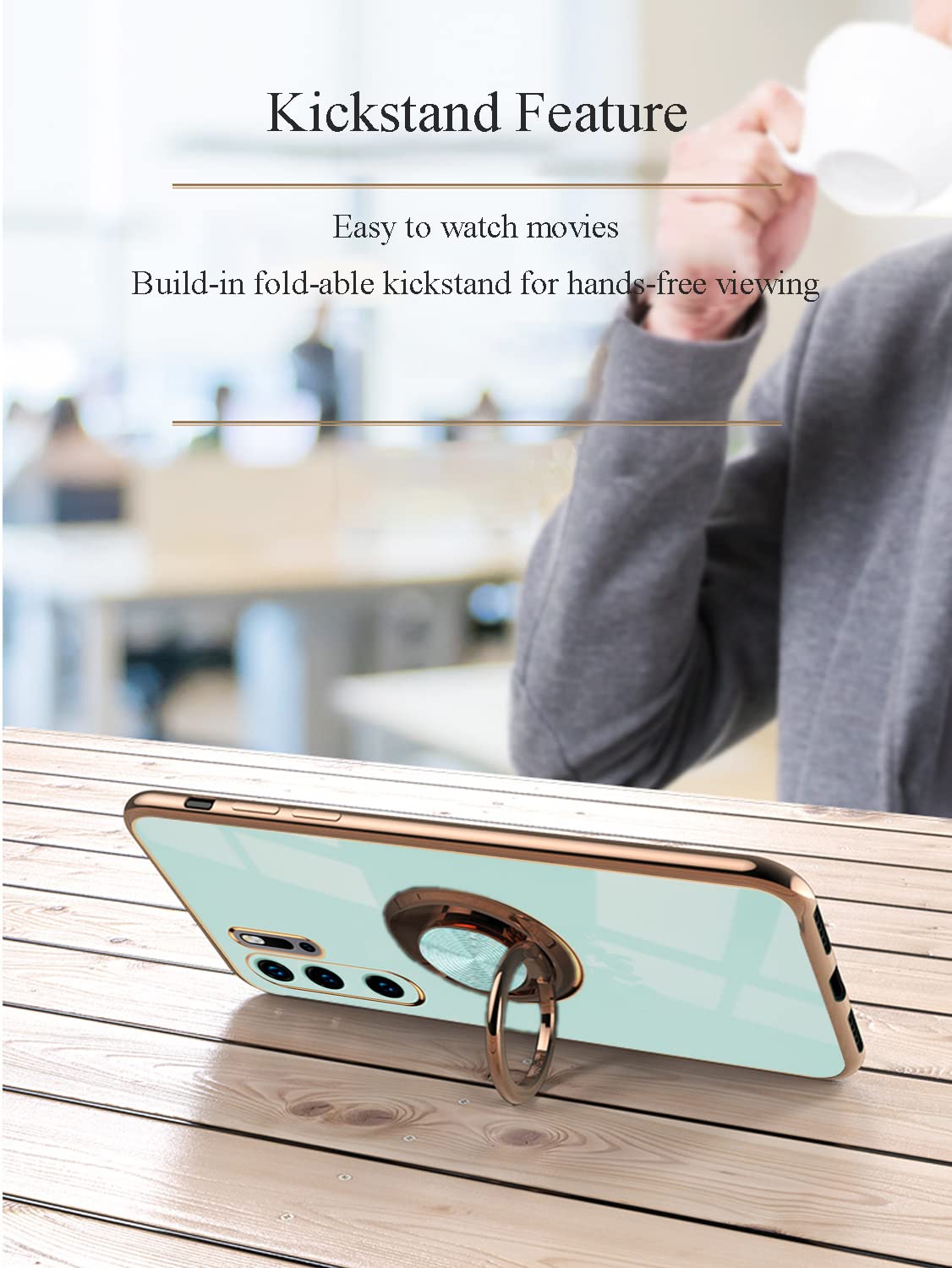 Compatible for Huawei P30 Pro Case Ring Holder Magnet Silicone, Huawei P30 Pro Phone Case Thin Protective Case Aesthetic Black 360° Rotatable Metal Stand (Green)