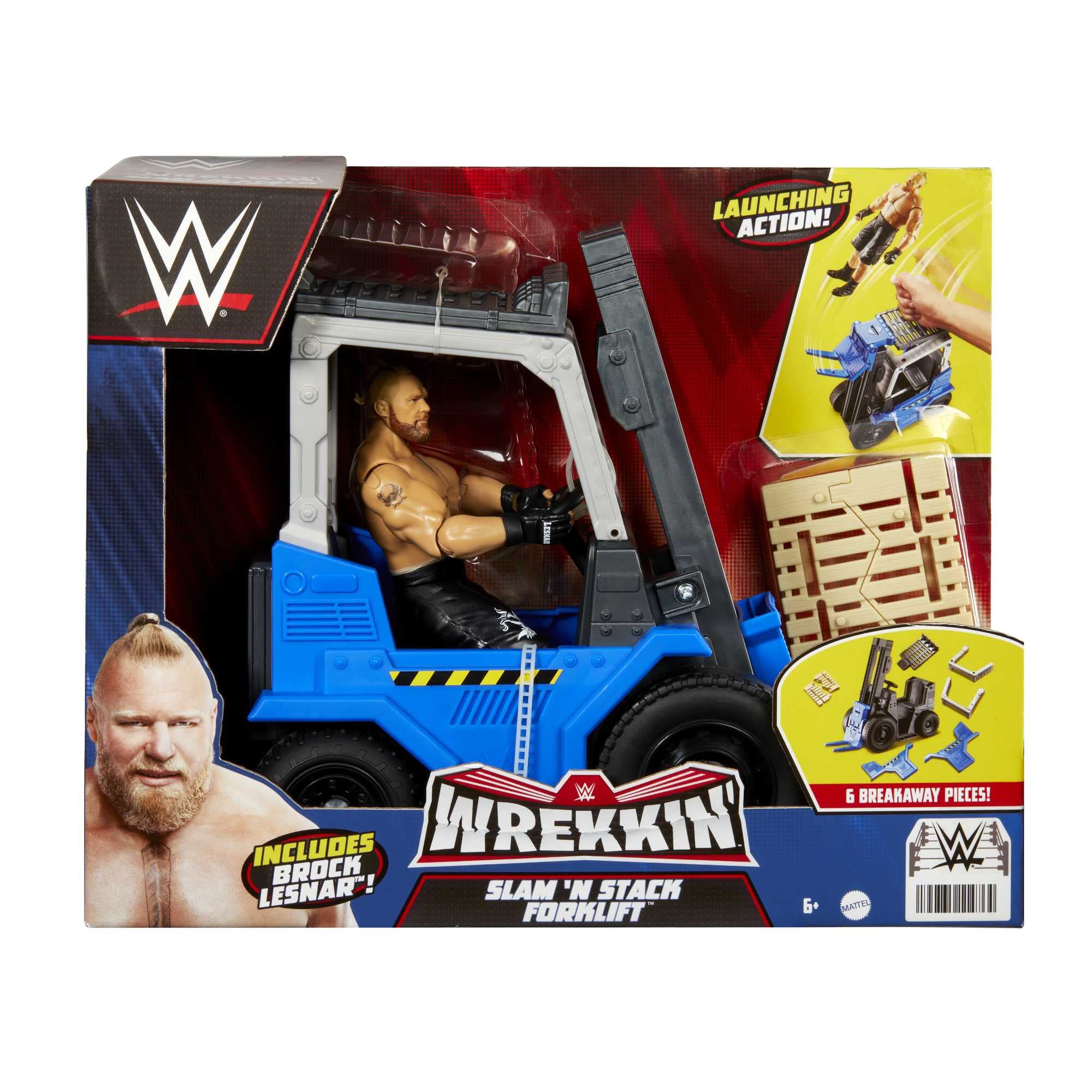 Mattel WWE Wrekkin' Slam & Stack Forklift & Action Figure Playset with Toy Vehicle & Brock Lesnar 6-inch Collectible, Moving Lift & Breakaway Parts