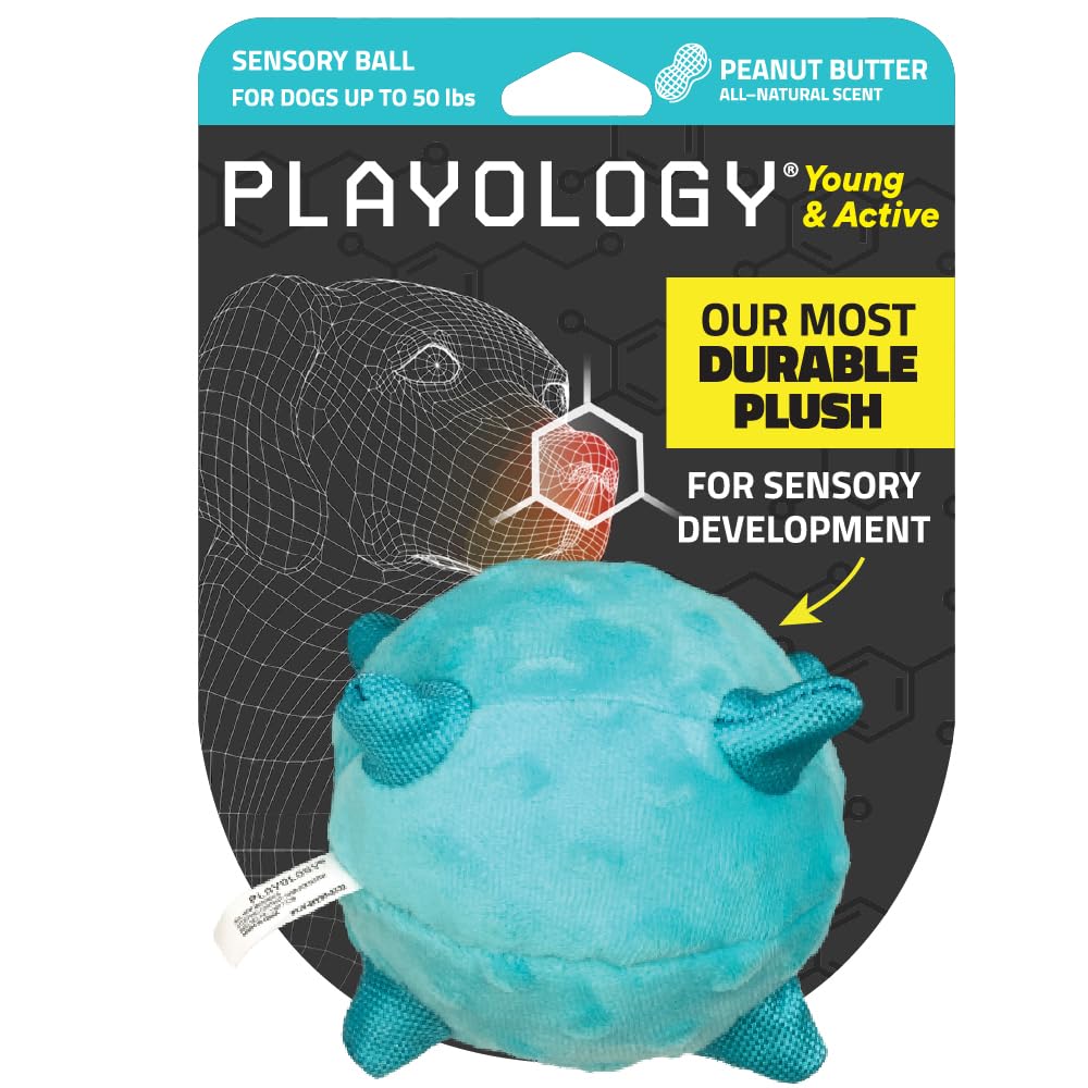 Playology Puppy Dog Ball for Sensory Development | Medium Sized Stuffed Chew Toy with Squeaker for Puppies up to 50lbs | Engaging All-Natural Peanut Butter Scented Sensory Toy