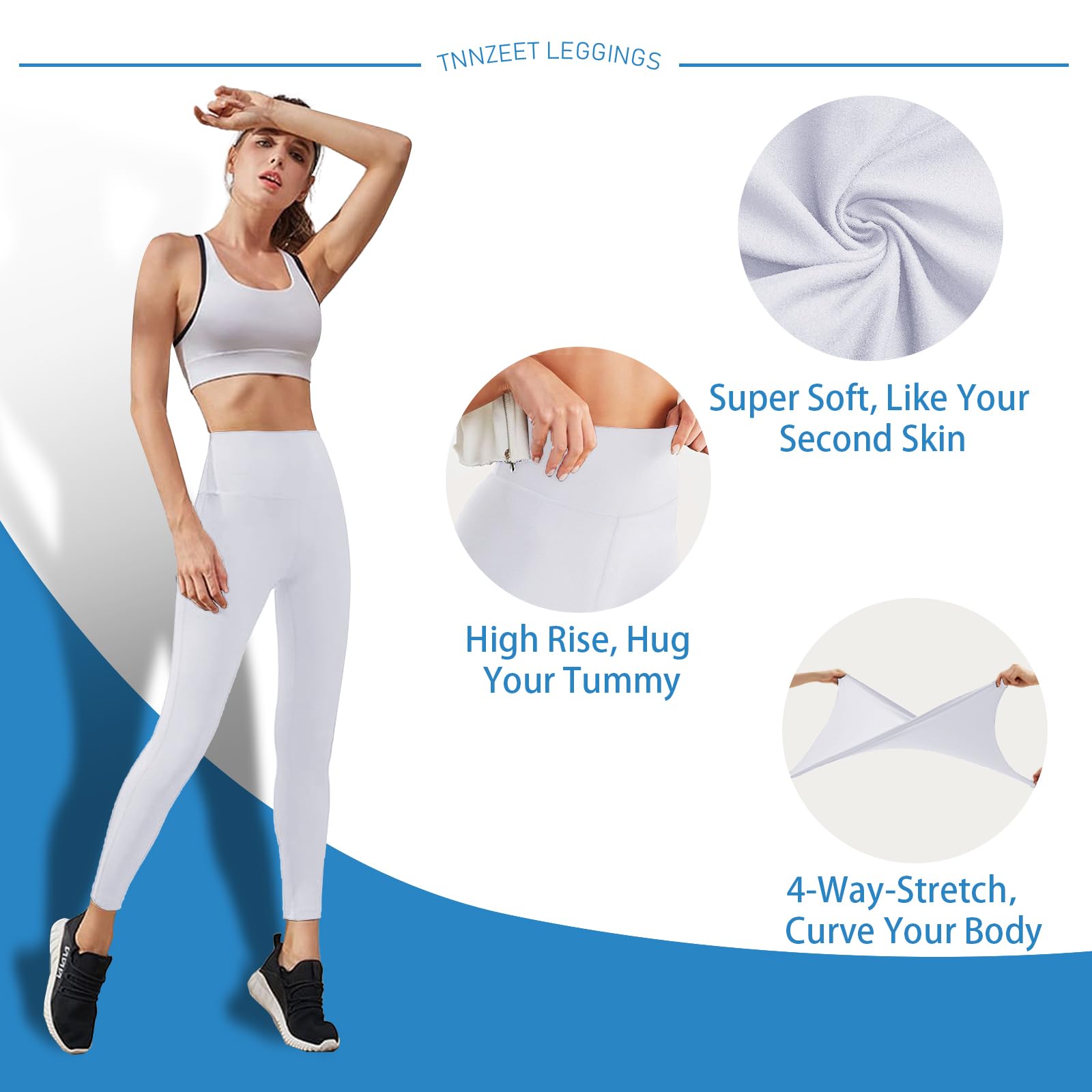High Waisted Leggings for Women - No See Through Tummy Novelty Workout Yoga Pants with Pockets Reg & Plus A-White