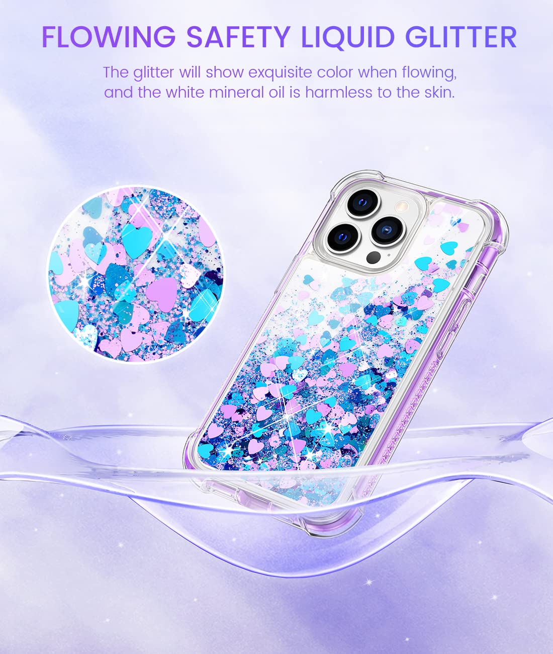 Caka for iPhone 14 Pro Max Case Glitter for Girls Women with Built-in Screen Protector Liquid Quicksand Protective Shockproof Full Body Phone Case for iPhone 14 Pro Max 6.7ββ Blue Purple