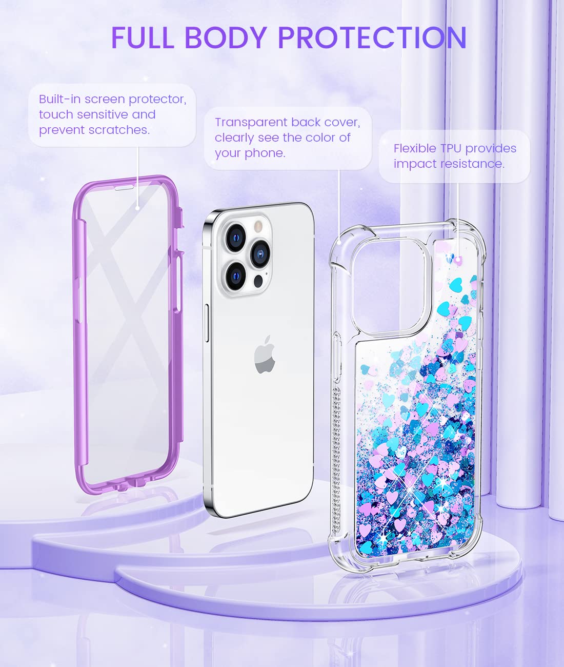 Caka for iPhone 14 Pro Max Case Glitter for Girls Women with Built-in Screen Protector Liquid Quicksand Protective Shockproof Full Body Phone Case for iPhone 14 Pro Max 6.7ββ Blue Purple