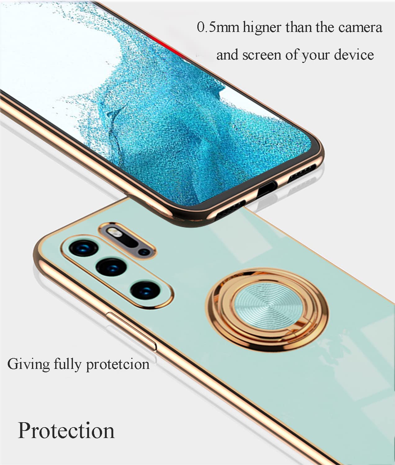 Compatible for Huawei P30 Pro Case Ring Holder Magnet Silicone, Huawei P30 Pro Phone Case Thin Protective Case Aesthetic Black 360° Rotatable Metal Stand (Green)