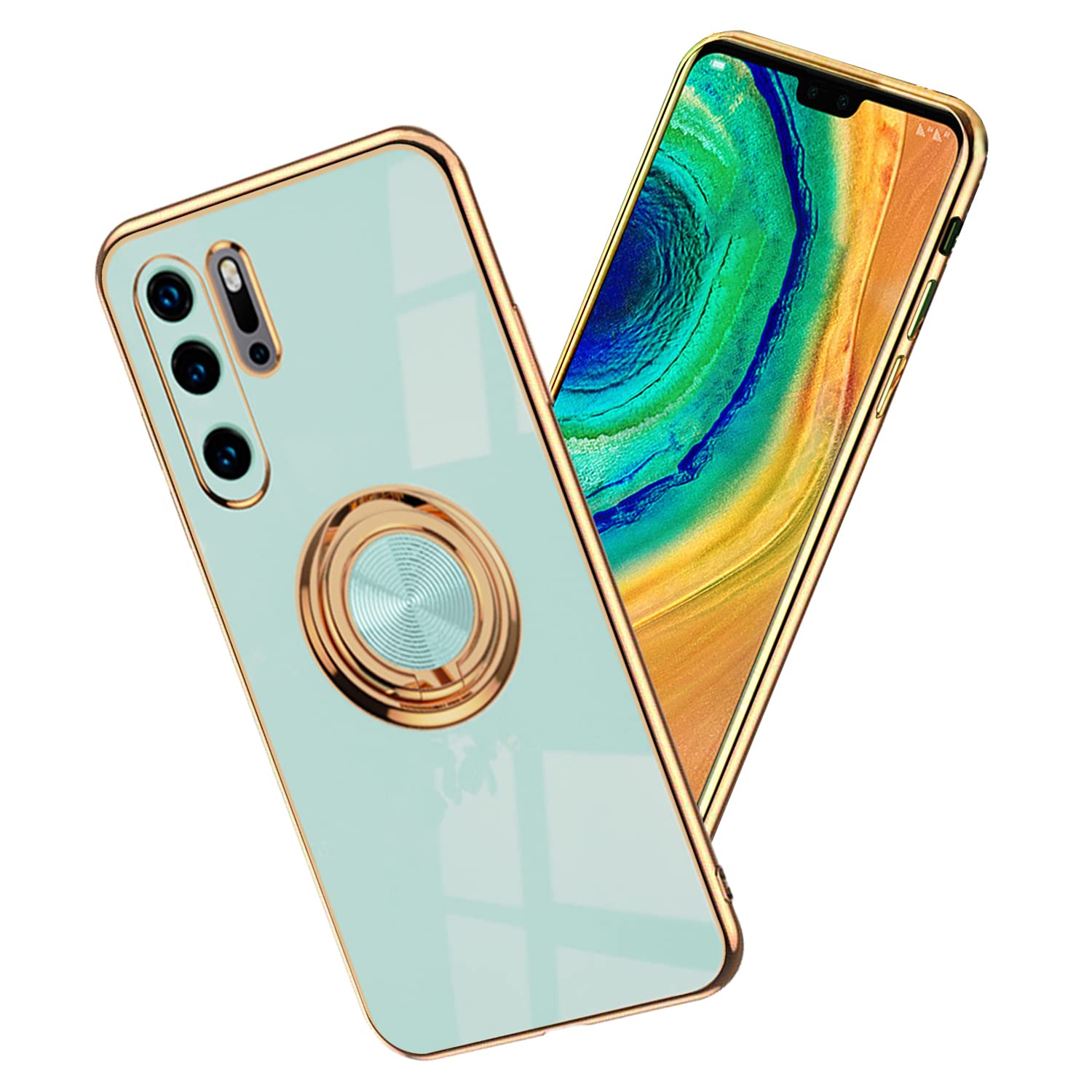 Compatible for Huawei P30 Pro Case Ring Holder Magnet Silicone, Huawei P30 Pro Phone Case Thin Protective Case Aesthetic Black 360° Rotatable Metal Stand (Green)