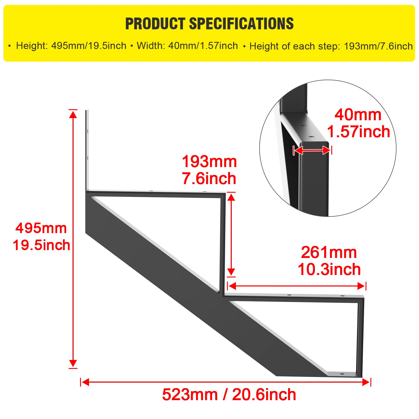 Doniks Steel Stair Step Riser -2 Step for Deck Height 19.5 Inches Metal Stair Stringer Step Stringer Support Connector Frame Hanger Bracket