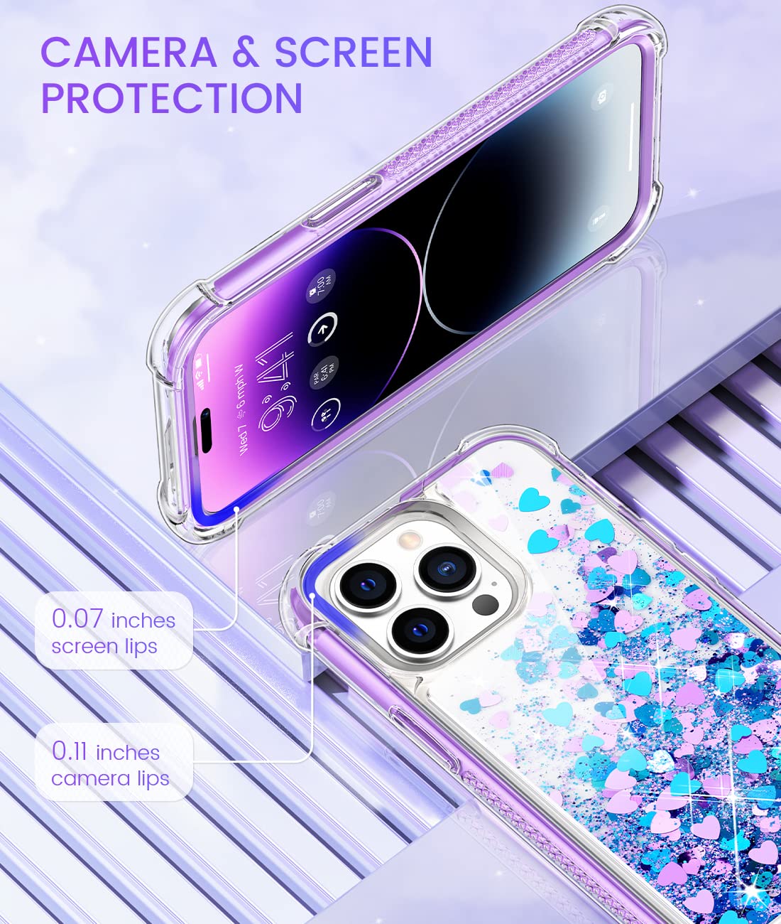 Caka for iPhone 14 Pro Max Case Glitter for Girls Women with Built-in Screen Protector Liquid Quicksand Protective Shockproof Full Body Phone Case for iPhone 14 Pro Max 6.7ββ Blue Purple