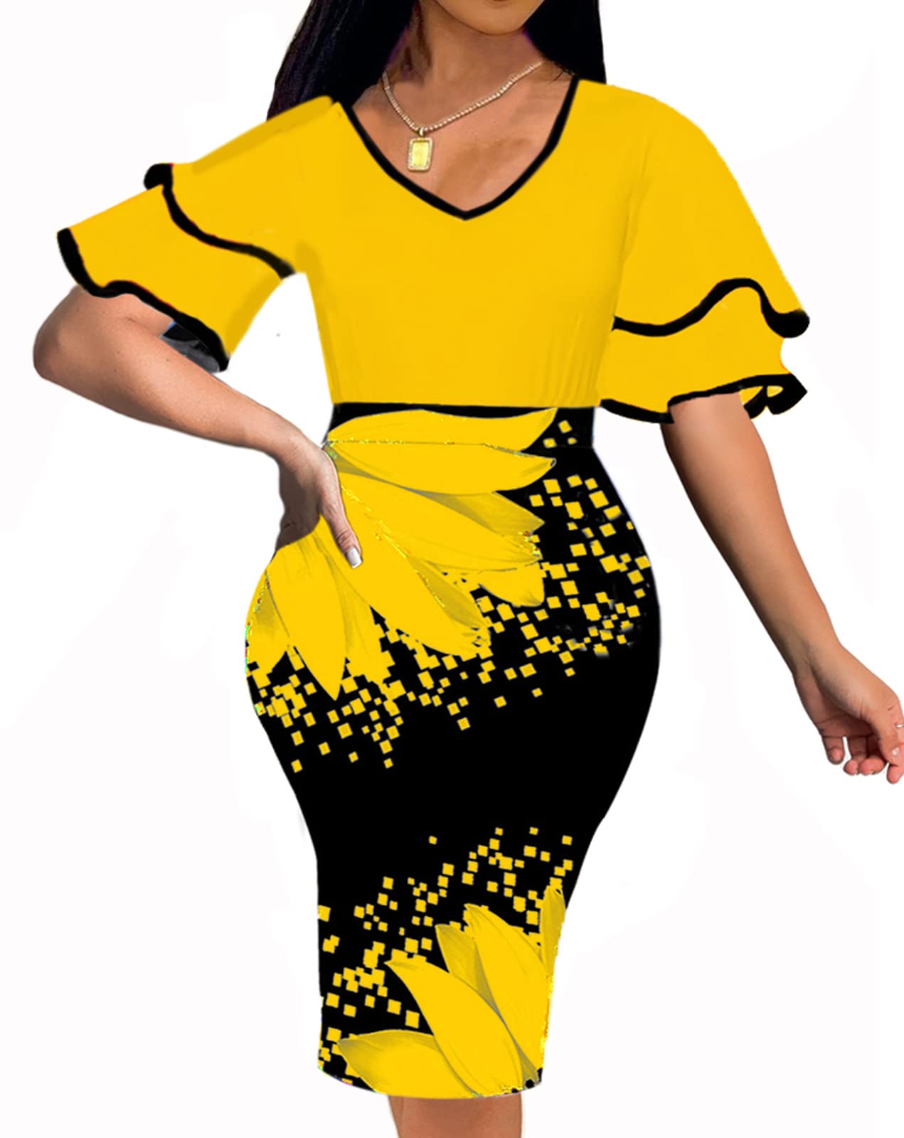 Elegant Church Dresses for Women Sexy Pencil Dresses Crew Neck Short Ruffles Sleeve Dress Bodycon Business Suiting Floral Stretchy Yellow