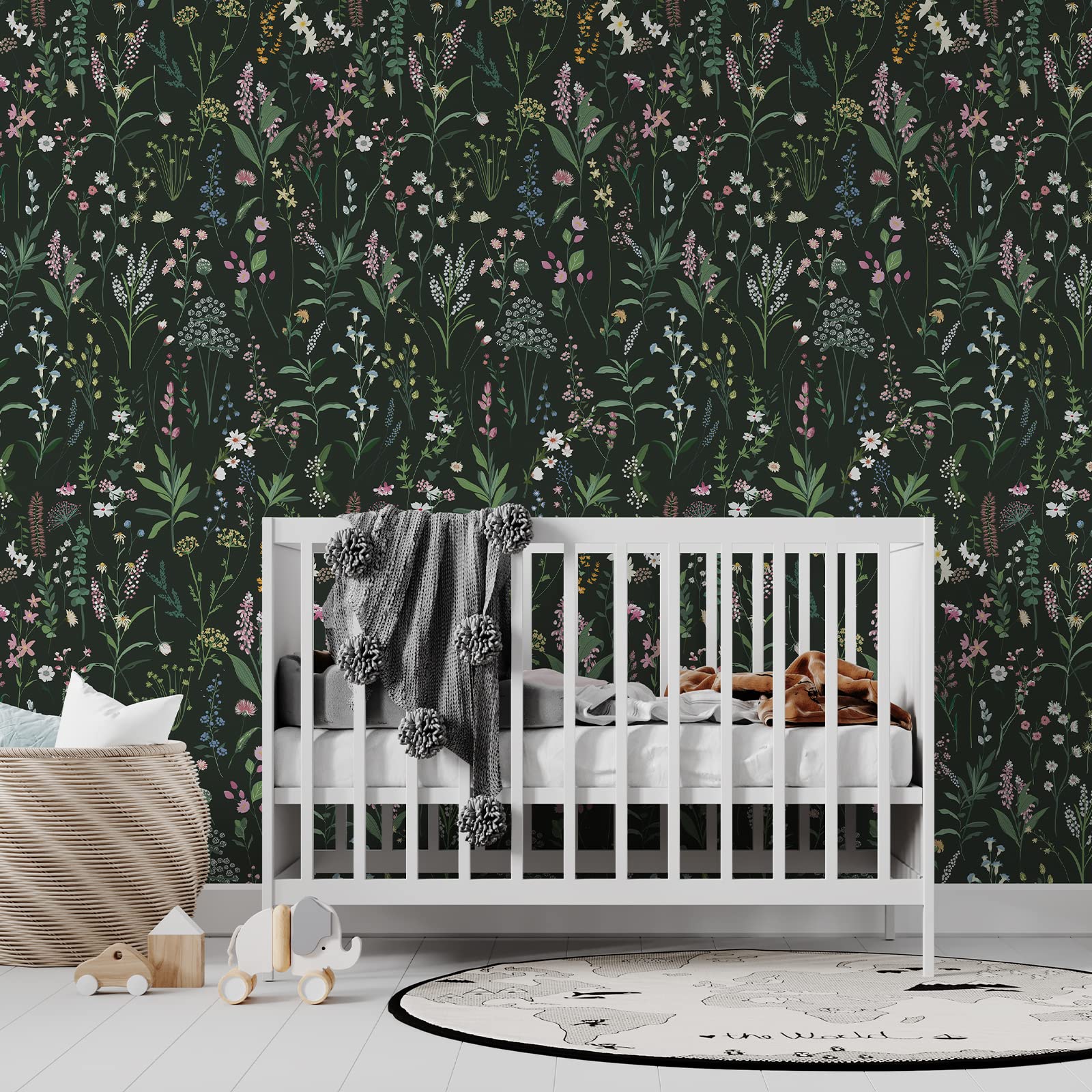 JiffDiff Floral Wallpaper Peel and Stick 118" x 17.3" Farm Floral Wildwood Stick onWall Paper Dark Self Adhesive Contact Paper Coverage 14.2 sq.ft