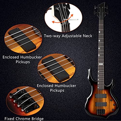 Ktaxon Electric Bass Guitar Full Size Flame Design Bass Set with 20 Watt Amplifier, Portable Bass Bag, Superior Amp Wire, Adjustable Guitar Strap, Plectrum, Wrench Tool(Sunset)