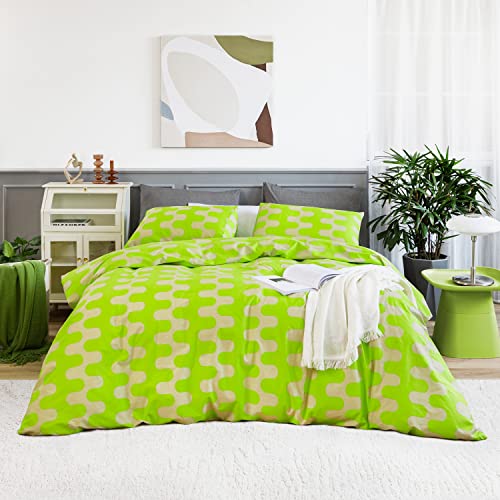 YuHeGuoJi Green Duvet Cover Queen 100% Cotton Striped Duvet Cover 3 Pcs Set 1 Fluorescent Green Geometric Duvet Cover with Zipper Ties 2 Pillowcases Modern Farmhouse Abstract Beige Bedding