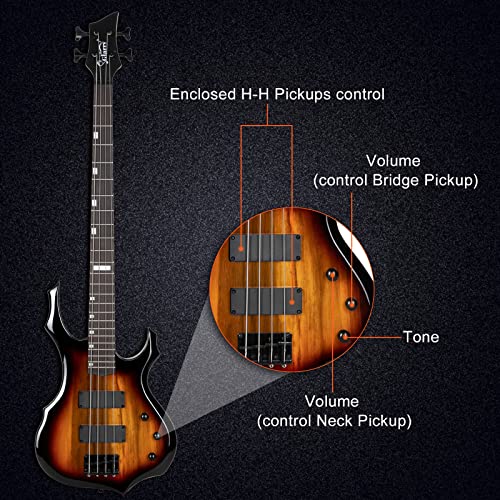 Ktaxon Electric Bass Guitar Full Size Flame Design Bass Set with 20 Watt Amplifier, Portable Bass Bag, Superior Amp Wire, Adjustable Guitar Strap, Plectrum, Wrench Tool(Sunset)